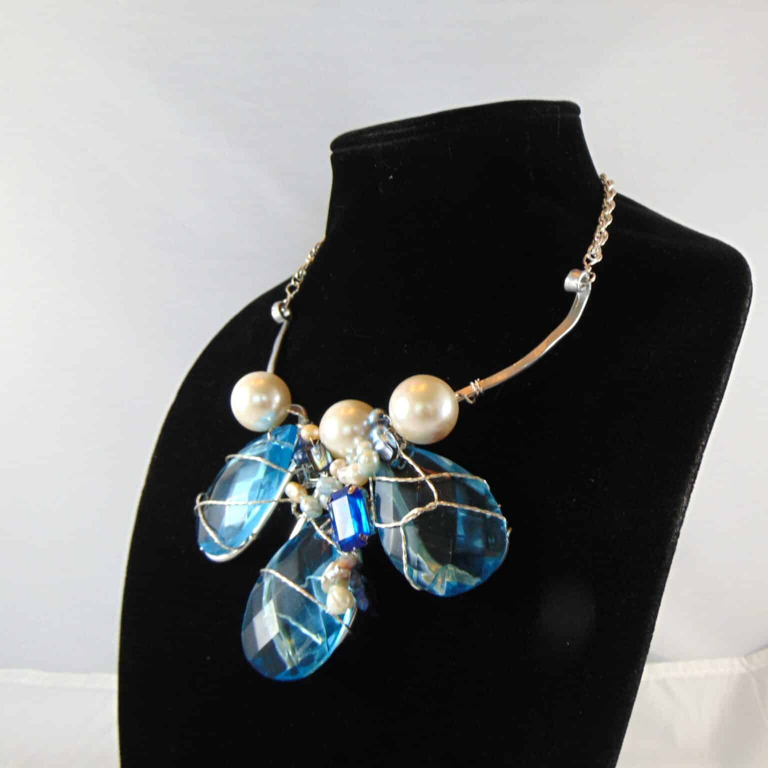 Mixed Metals Blue Glass Crystals And Cultured Freshwater Pearls Bib ...