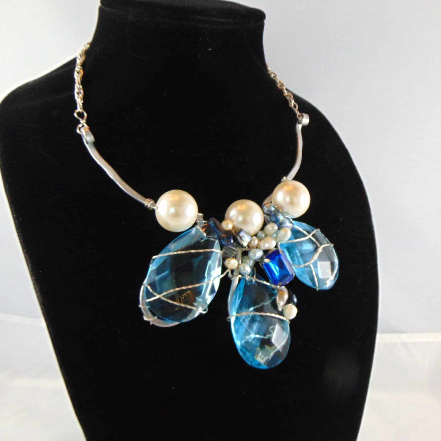 Mixed Metals Blue Glass Crystals And Cultured Freshwater Pearls Bib ...
