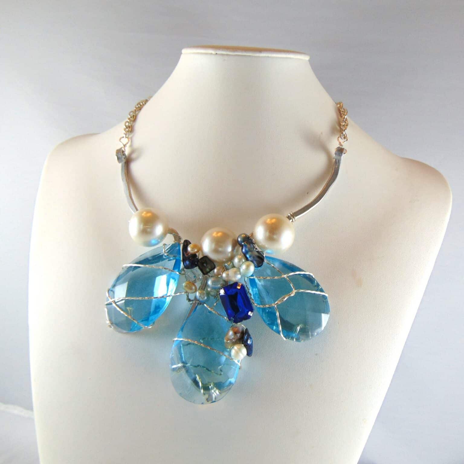 Mixed Metals Blue Glass Crystals And Cultured Freshwater Pearls Bib ...