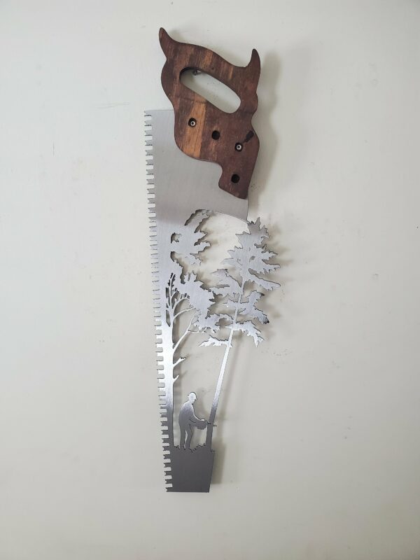 Handsaw with Lumberjack & Trees Sculpture Wall | Rustic Wood & Metal ...